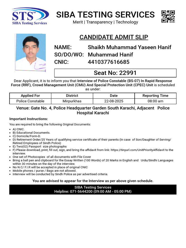 Siba Testing Services: Candidate Admit Slip | PDF