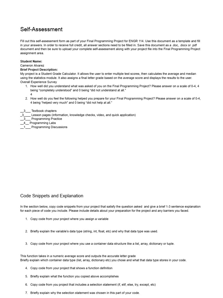 Final Programming Project - Self-Assessment | PDF | Computer Science | Computing