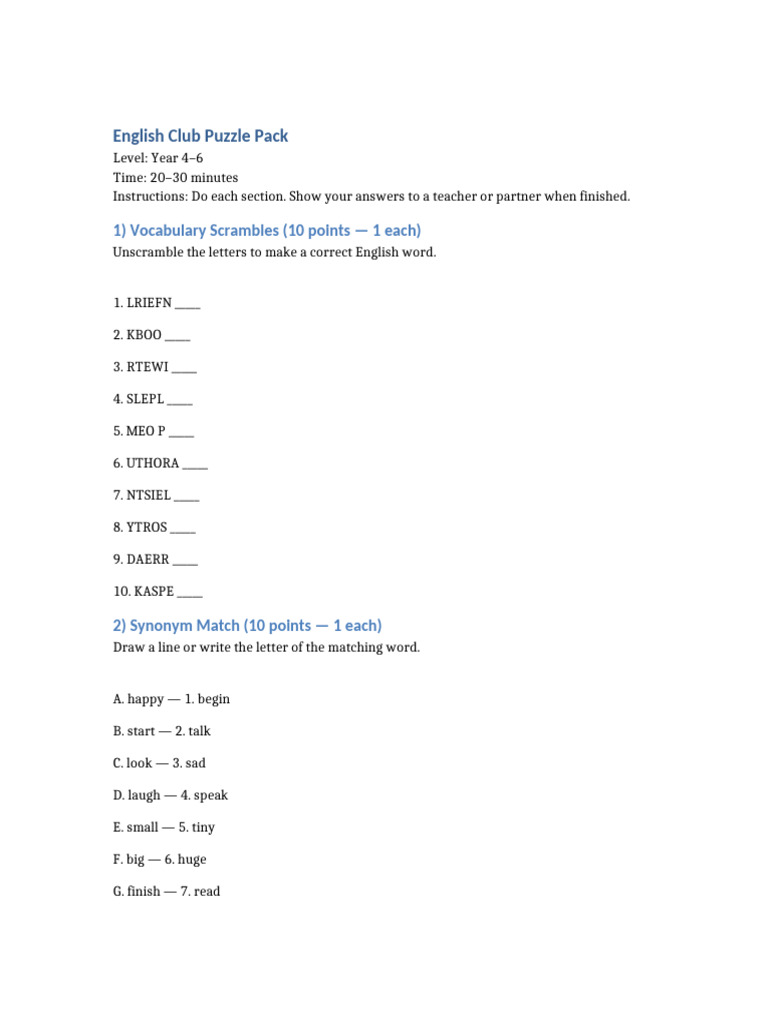 English Club Puzzle Activities for Kids | PDF