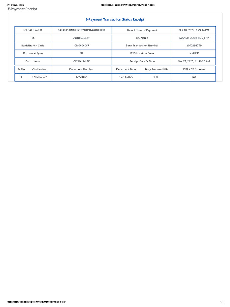 Foservices - Icegate.gov - in # Epayment Download-Receipt | PDF