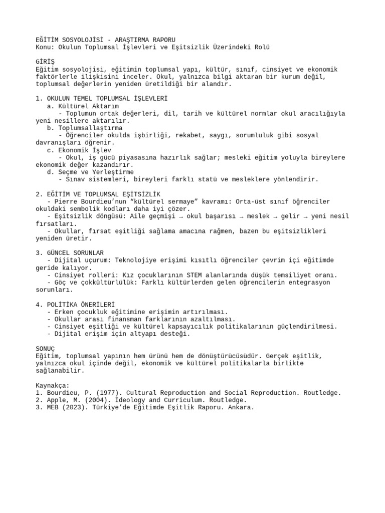 09 Egitim Sosyolojisi Odev Raporu | PDF