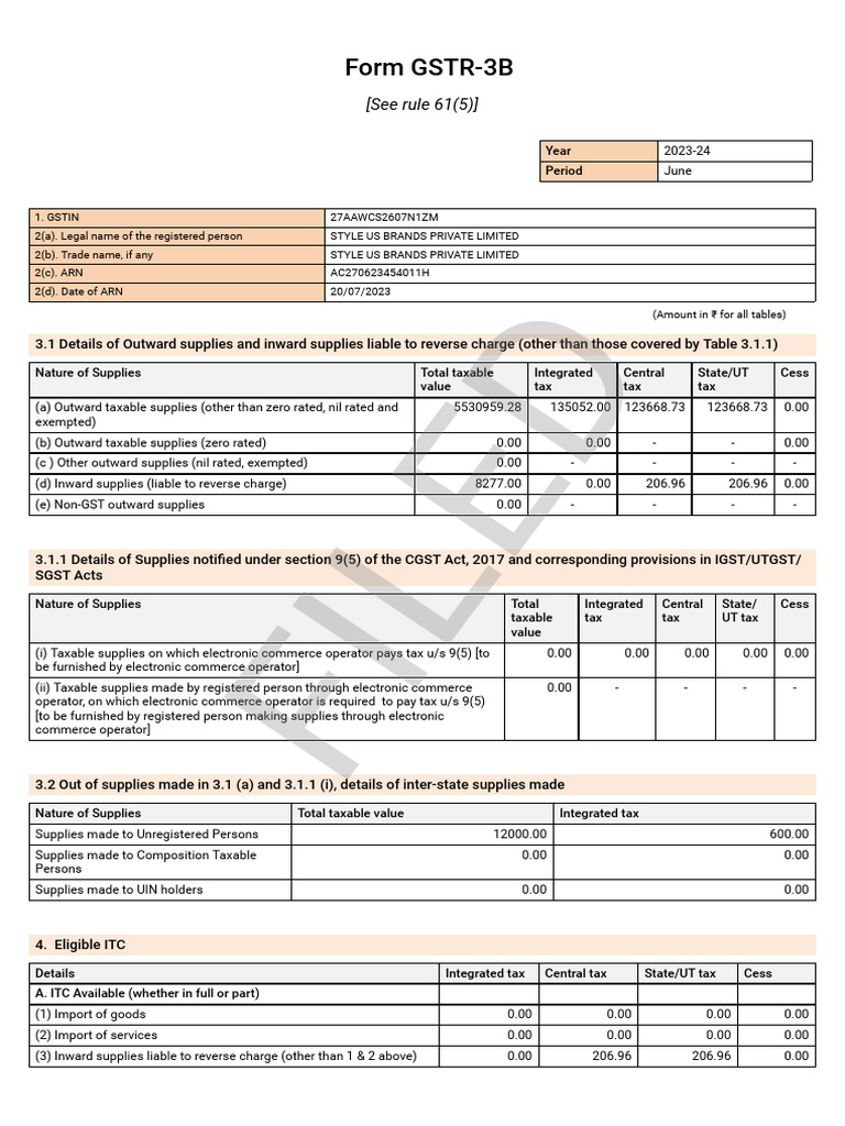 GSTR-3B Filing for June 2023-24 | PDF | Taxes | Public Finance