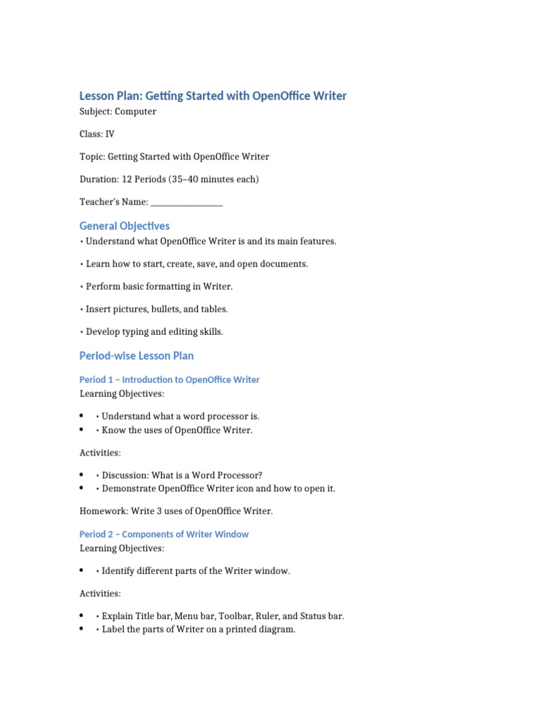 Lesson Plan OpenOffice Writer Class4 | PDF | Computer File | Text