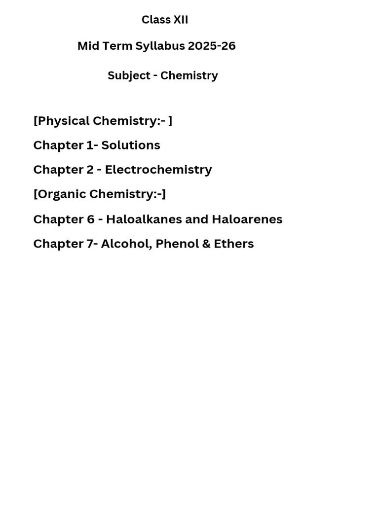 Class XII Chemistry Mid Term Syllabus | PDF