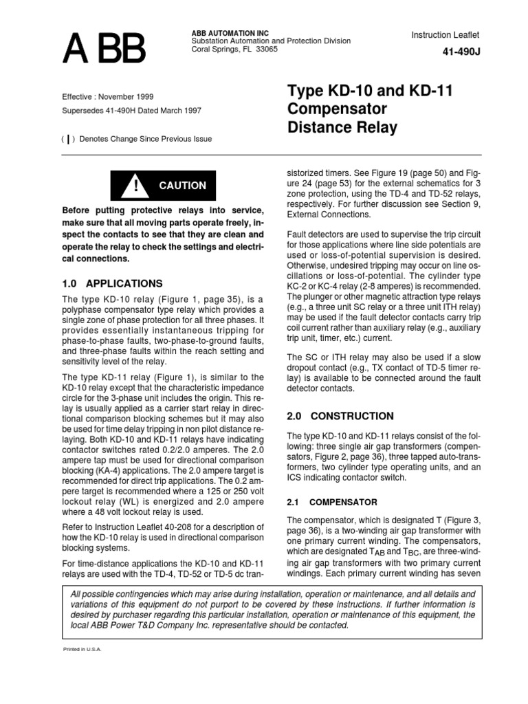 ABB ABB ABB ABB: Type KD-10 and KD-11 Compensator Distance Relay | PDF ...