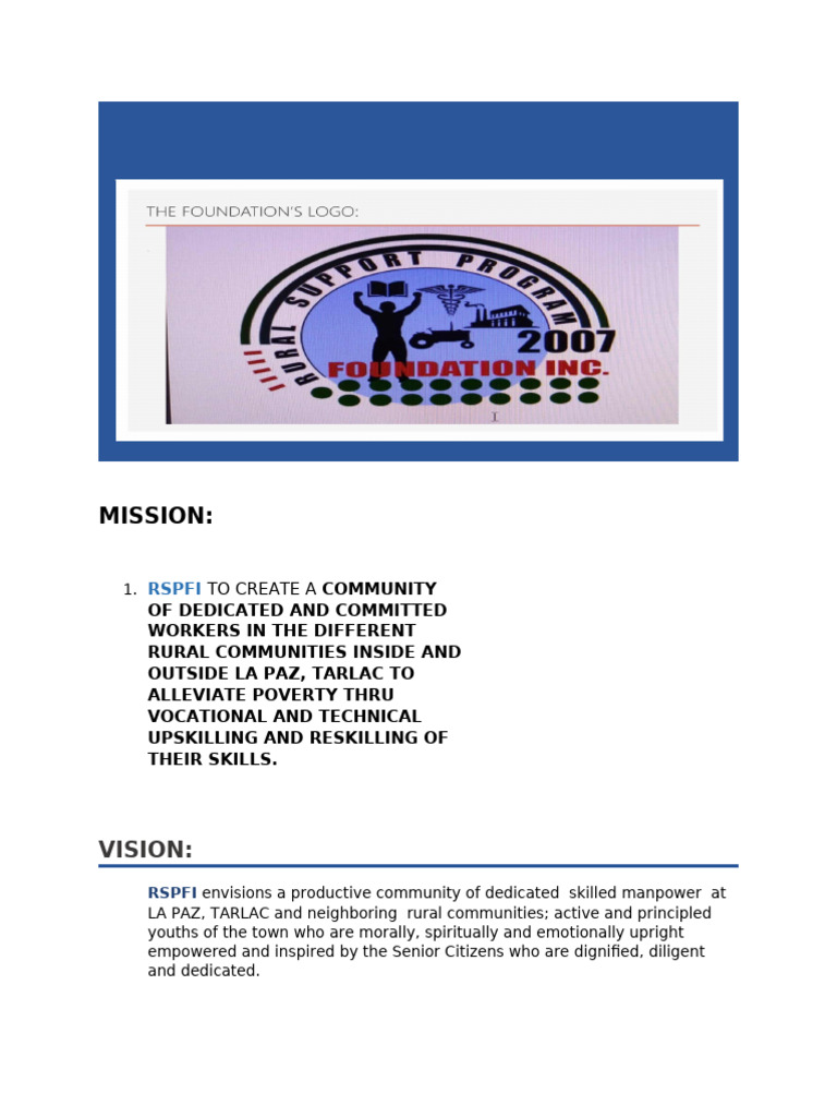 Mission Vision of Rspfi and Accomplishment Report | PDF