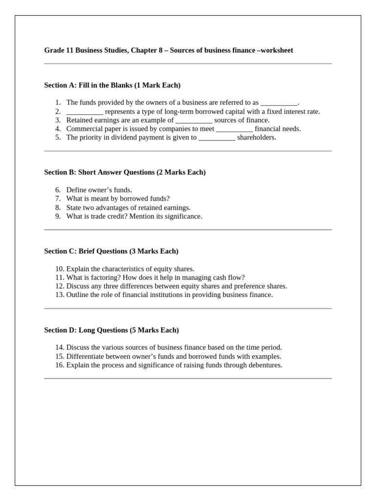 Business Finance Sources Worksheet for Grade 11 | PDF