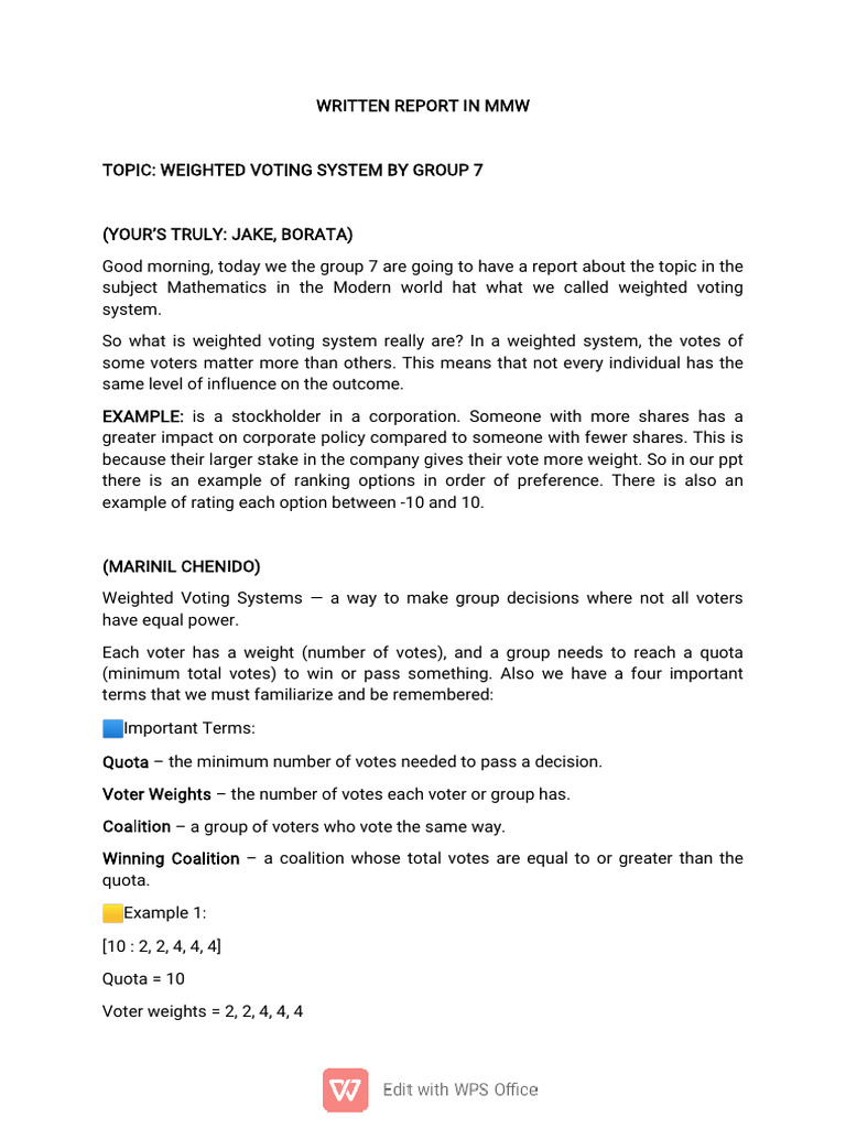 MMW Weighted Voting System by Group 7 From 1D | PDF | Voting | Government