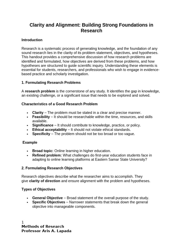 Problem Statement Objectives and Hypotheses. | PDF | Hypothesis | Theory