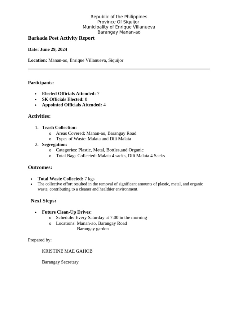 Siquijor Barangay Clean-Up Report | PDF
