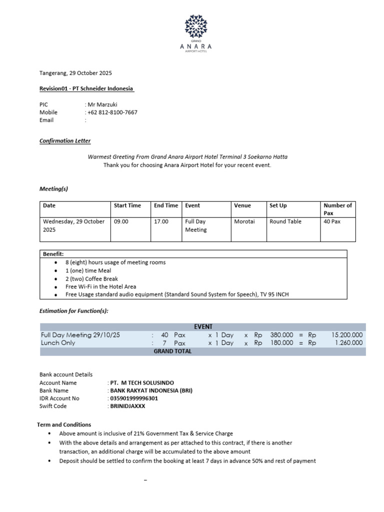 0027 - Confirmatin Letter Grand Anara - PT Schneider Indonesia 29 October 2025 | PDF