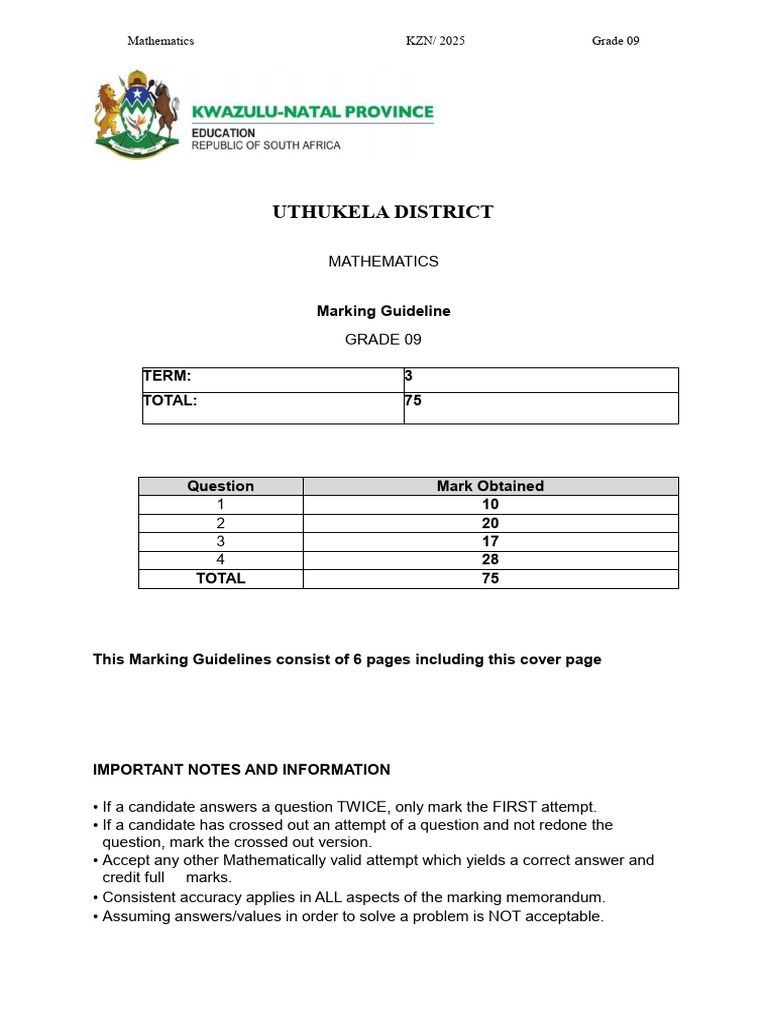 Grade 09 Mathematics Marking Guide | PDF | Mathematics