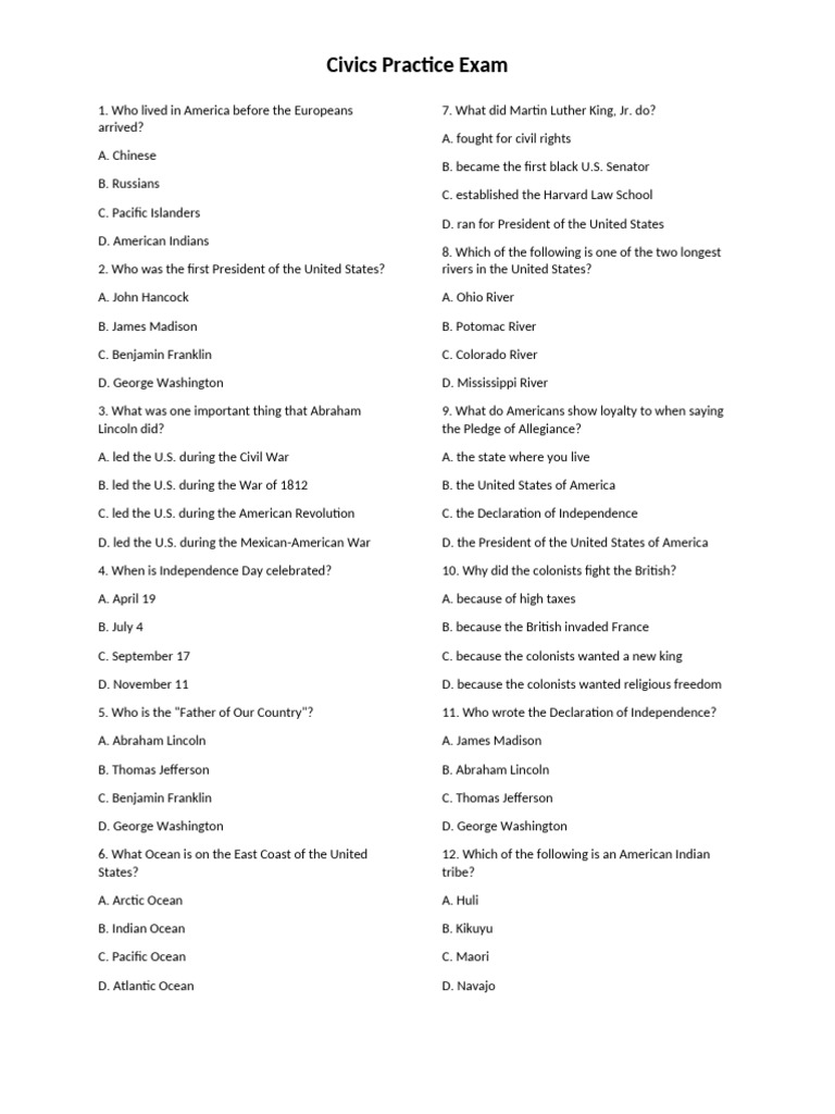 Civics Practice Exam | PDF | Presidents Of The United States | American ...