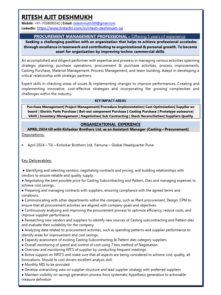 Naukri RiteshAjitDeshmukh (4y 6m) | PDF | Procurement | Supply Chain