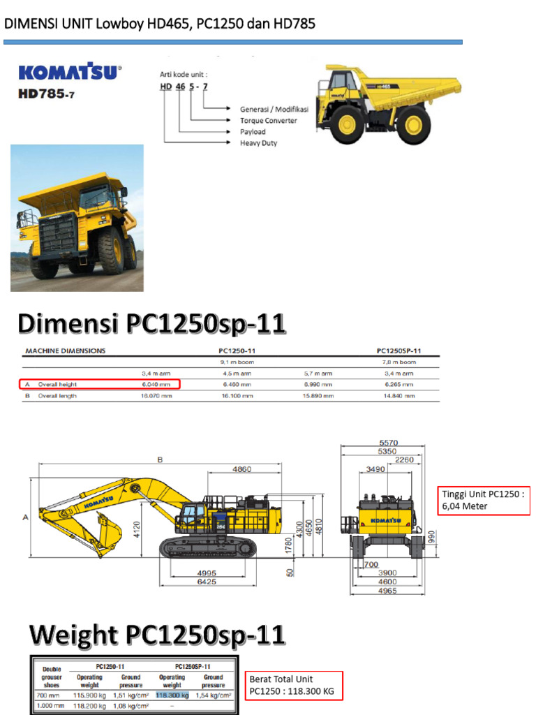 Dimensi dan Berat Unit Lowboy HD465, PC1250, HD785 | PDF