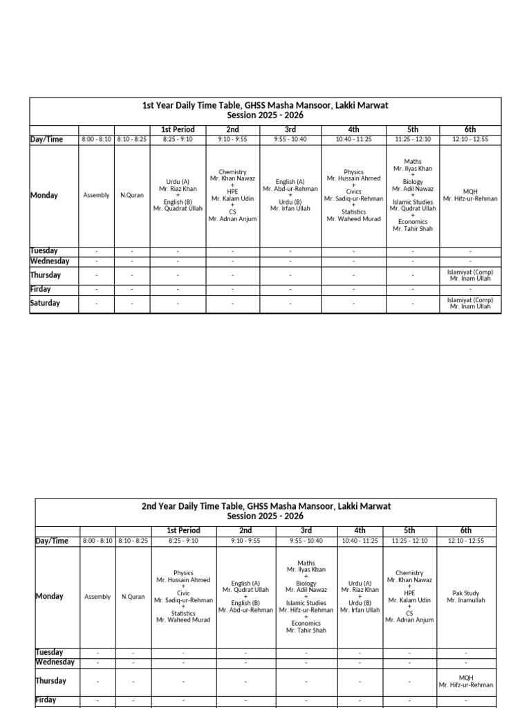 2025-2026 GHSS Masha Mansoor Timetable | PDF