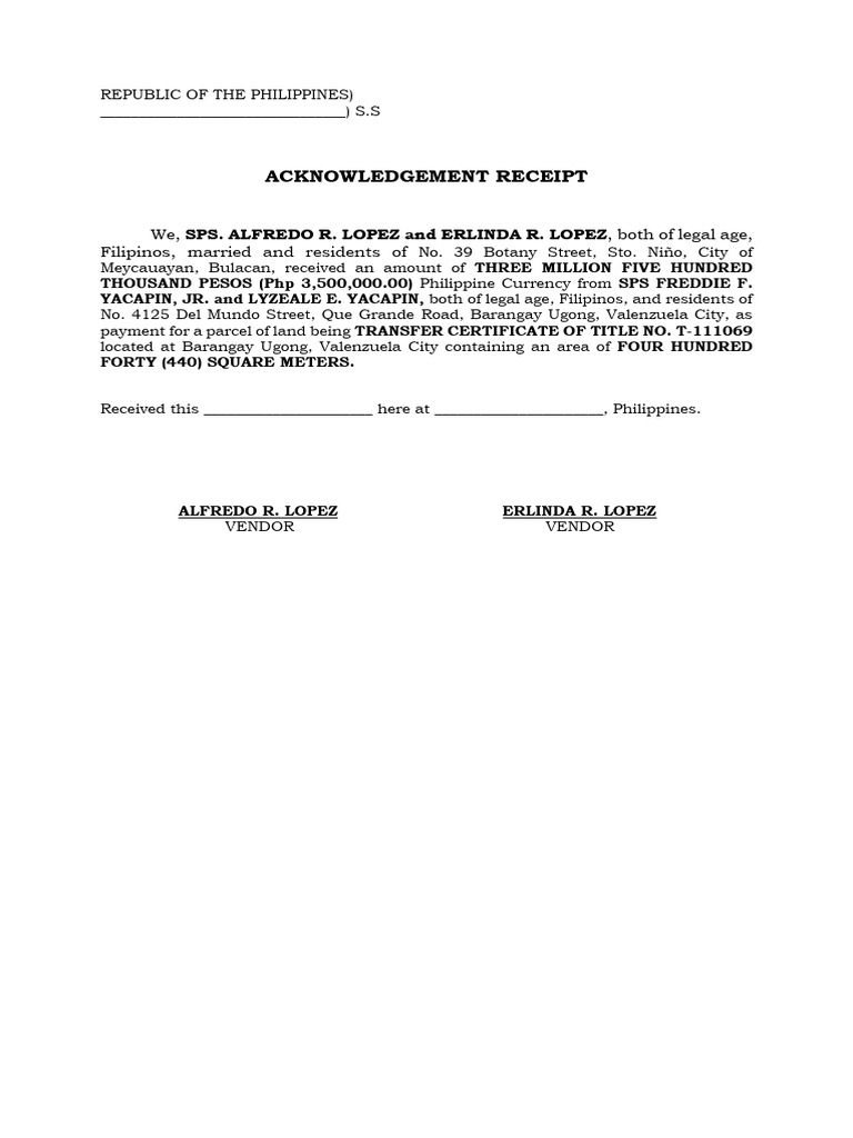 Acknowledgement Receipt For Deed of Sale PDF Free | PDF