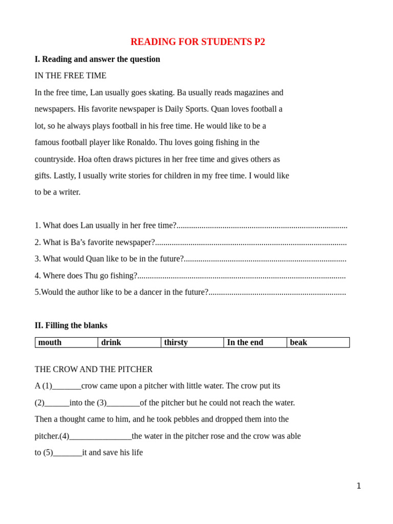 ĐỌC HIỂU ANH 5 P2 | PDF