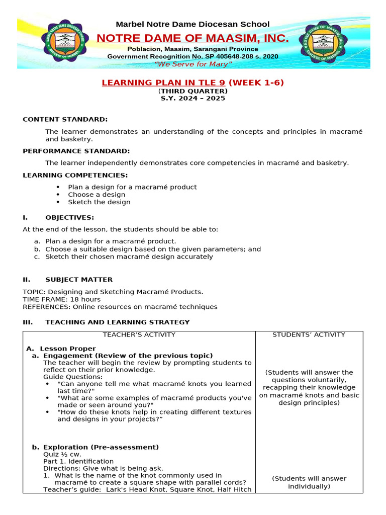 TLE 9 Macramé Design Learning Plan | PDF | Knot | Wood