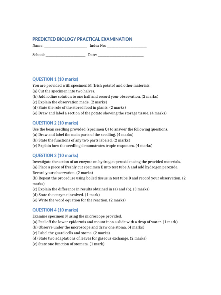 Predicted Biology Practical Examination | PDF