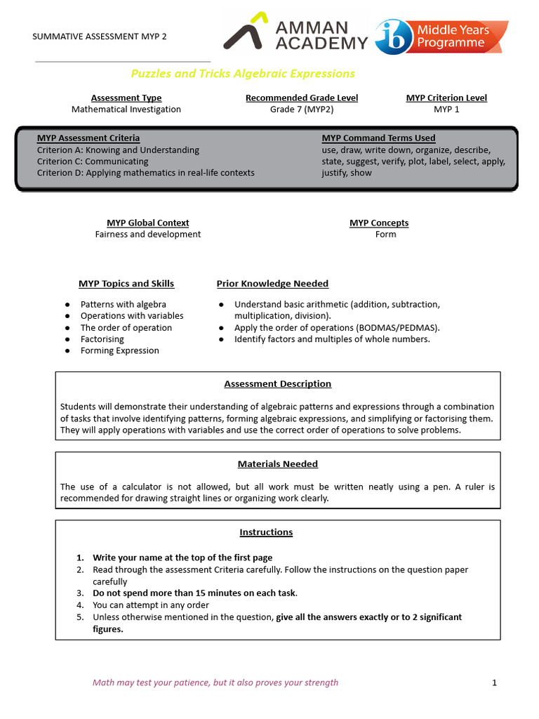 MYP 2 Algebraic Expression Summative Assessment | PDF | Factorization | Mathematics