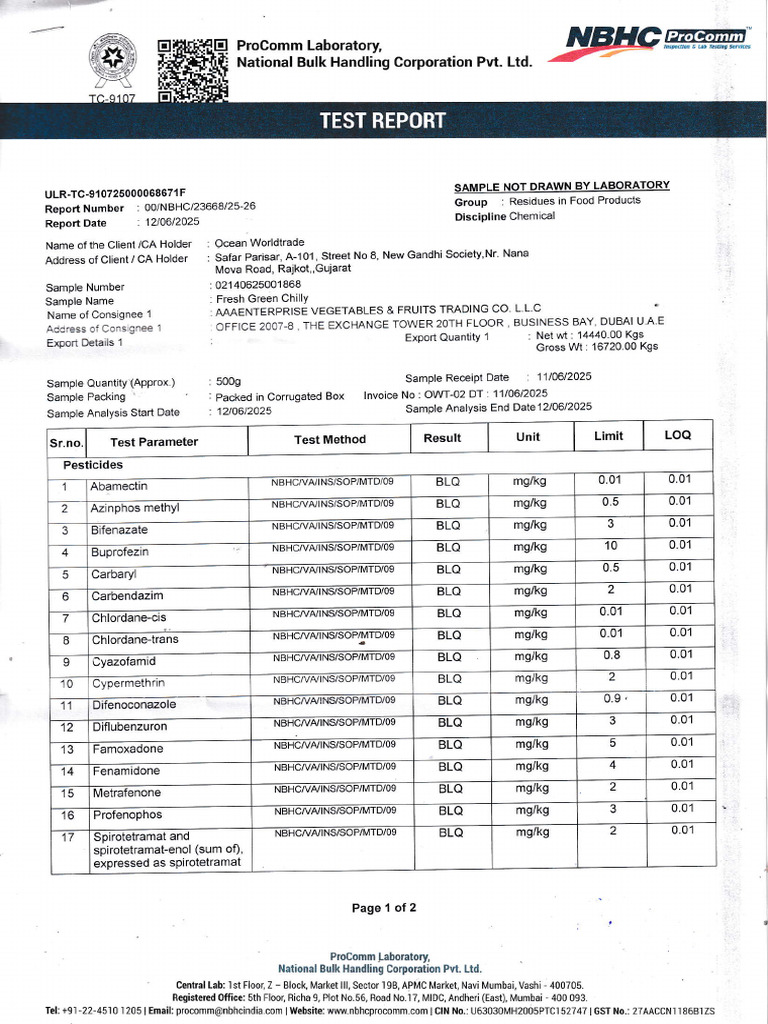 Ocean Worldtrade Test Report Inv No 02 | PDF
