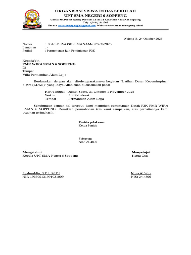 Permohonan Peminjaman P3K LDKS SMAN 6 | PDF