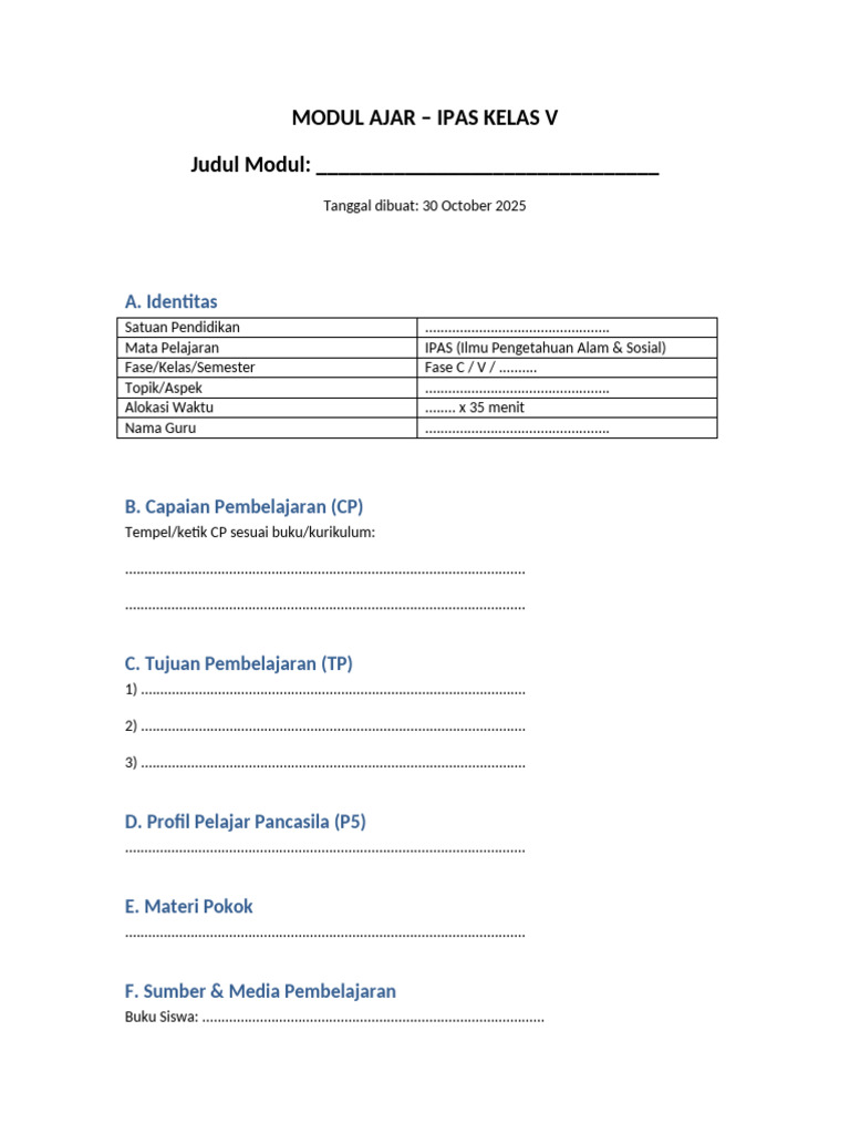 Modul Ajar Ipas Kelas V Template | PDF