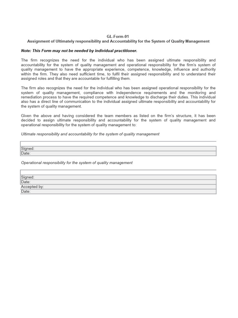 Assignment of Ultimately Responsibility and Accountability For The ...