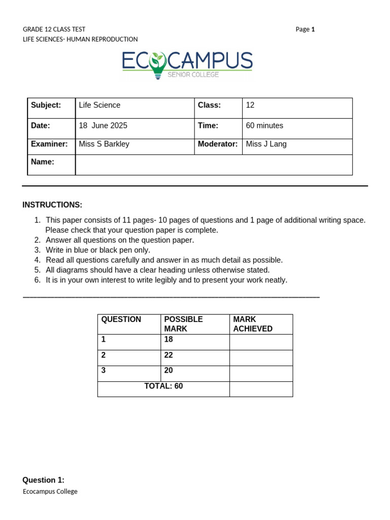 Human Reproduction Class Test 2025 | PDF | Menstrual Cycle | Ovary