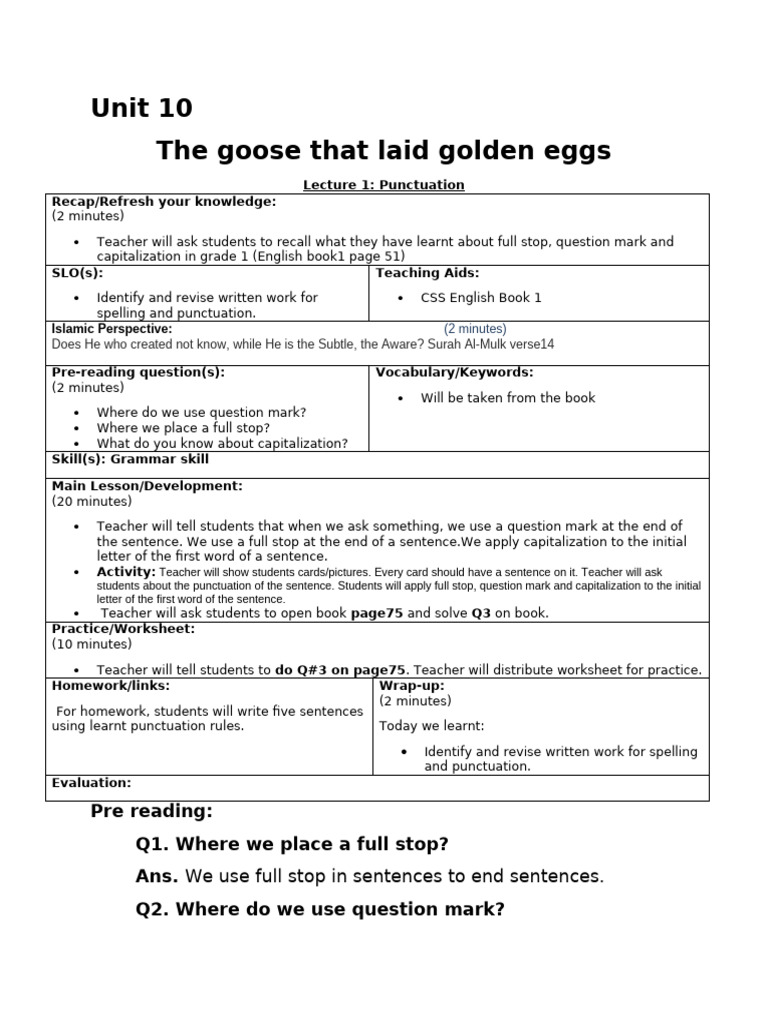 Punctuation and Action Words Lesson Plan | PDF | Vocabulary | Human ...