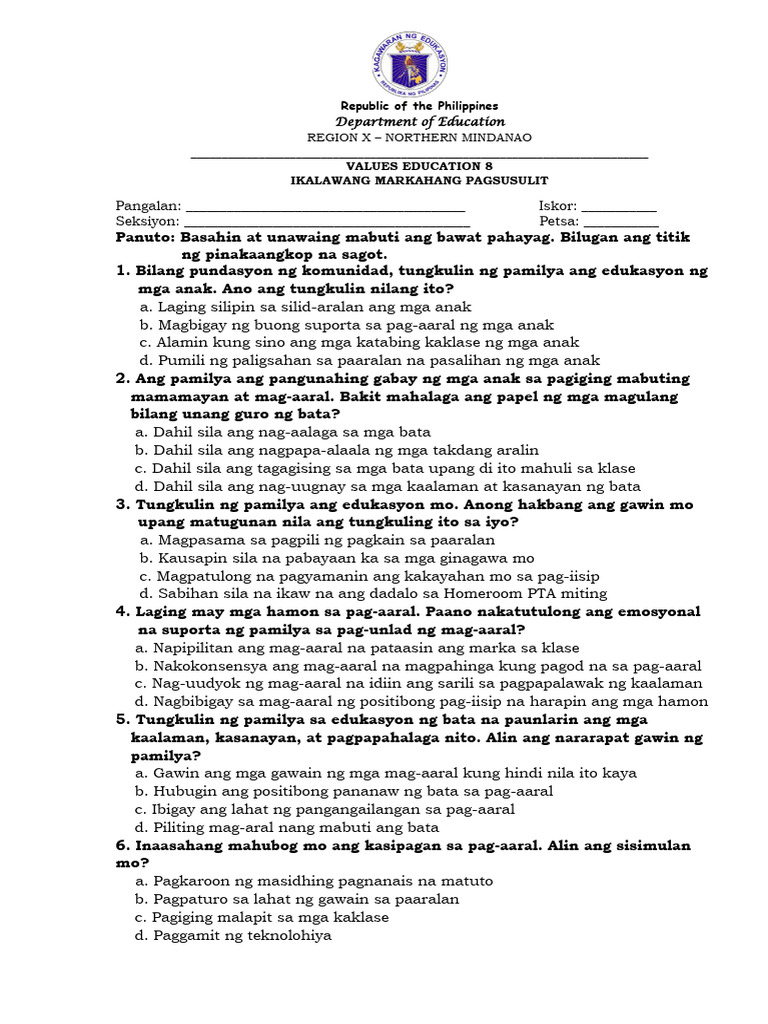Grade 8 Values Education 2q Ruqa Test Questions | PDF