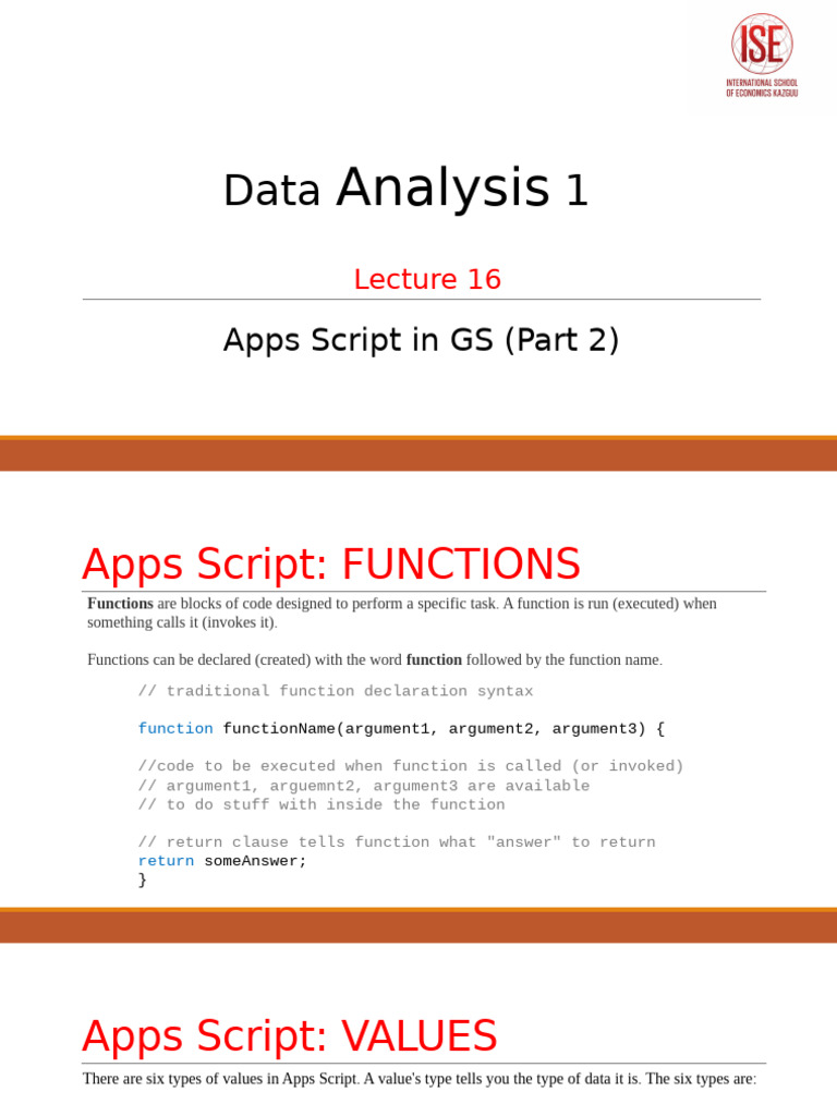 Lecture 16 Apps Script (Part 2) | PDF | Boolean Data Type | Spreadsheet