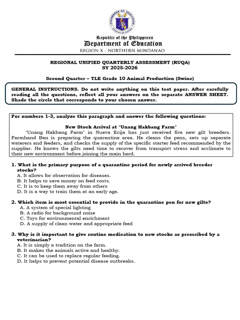 TLE GRADE 10 Animal Production Quarter 2 2025 2026 | PDF | Pig ...