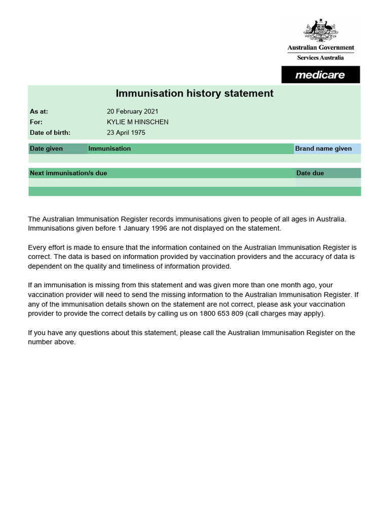 Immunisation History Statement Australia | PDF