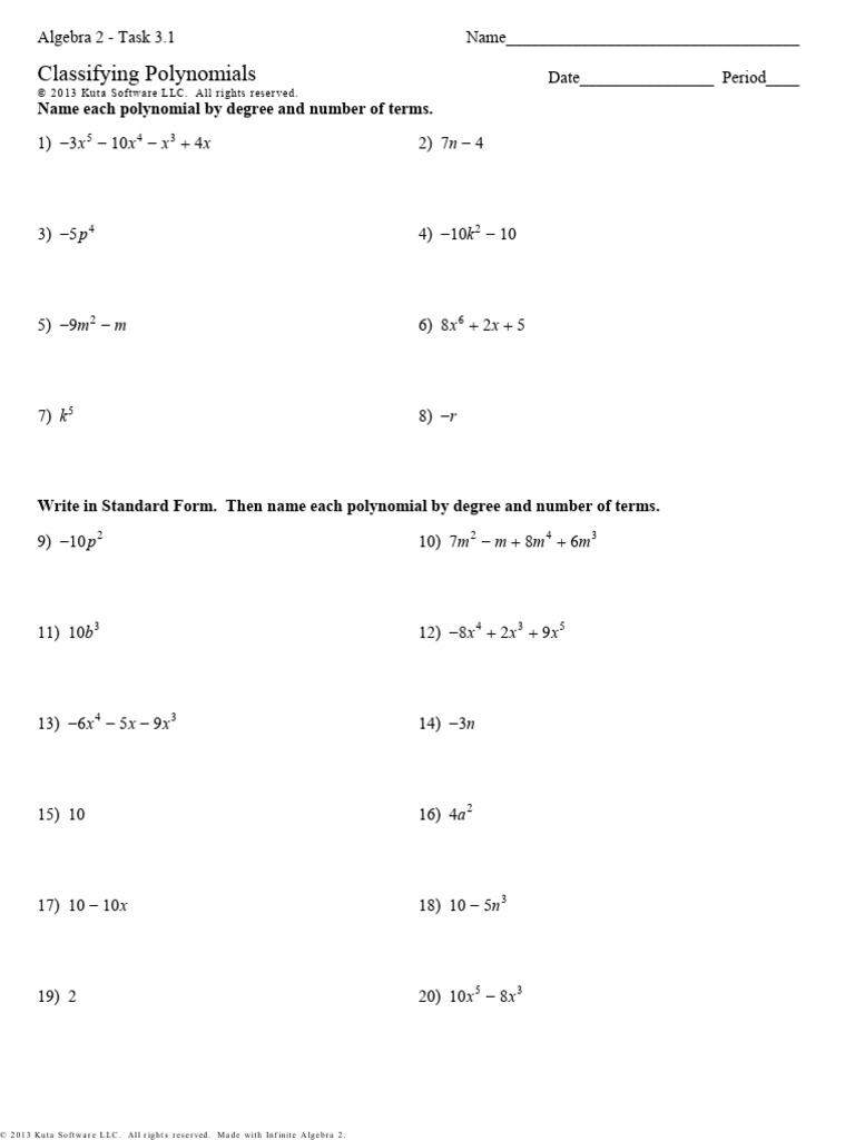 Classifying Polynomials Worksheet | PDF | Polynomial | Abstract Algebra