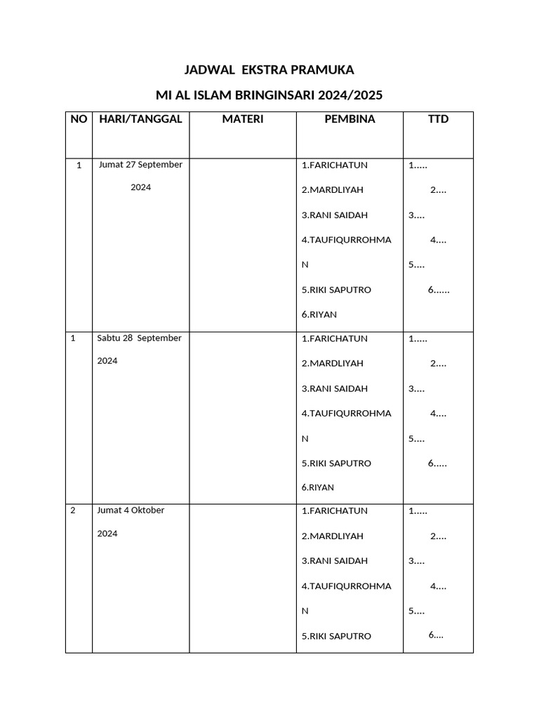 Jadwal Kegiatan Ekstra Pramuka | PDF