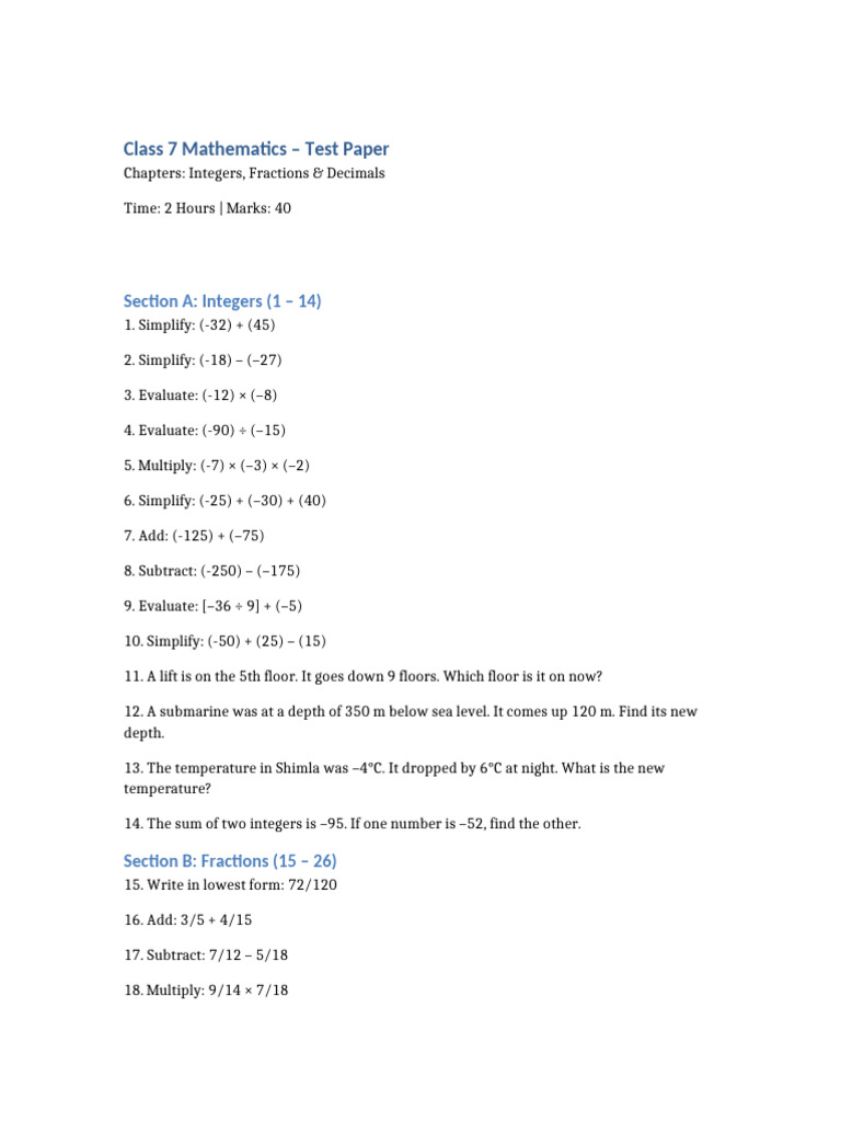 Class7 Math TestPaper | PDF