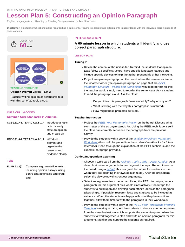 Opinion Paragraph Writing Lesson Plan | PDF | Lesson Plan | Reading ...
