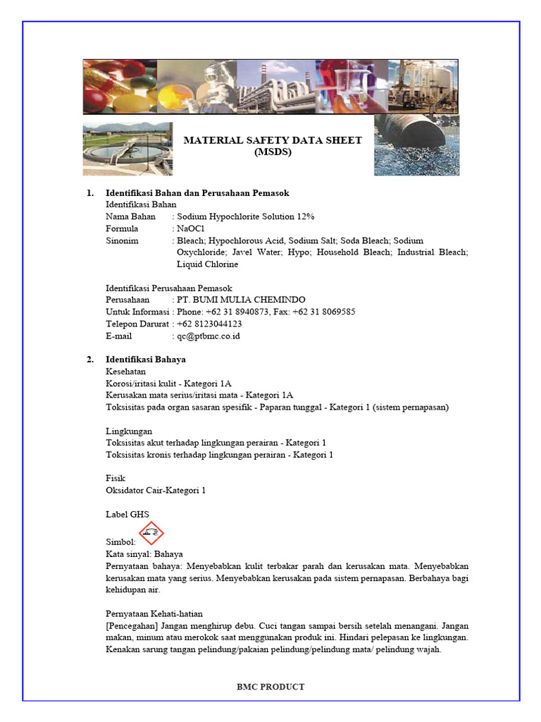 MSDS Sodium Hypochlorite 12% BMC | PDF