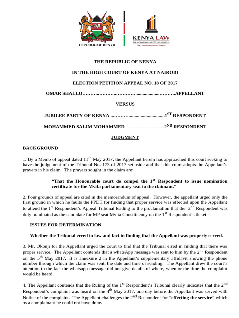Omar Shallo V Jubilee Party of Kenya Another 2017KEHC5055 (KLR) | PDF ...