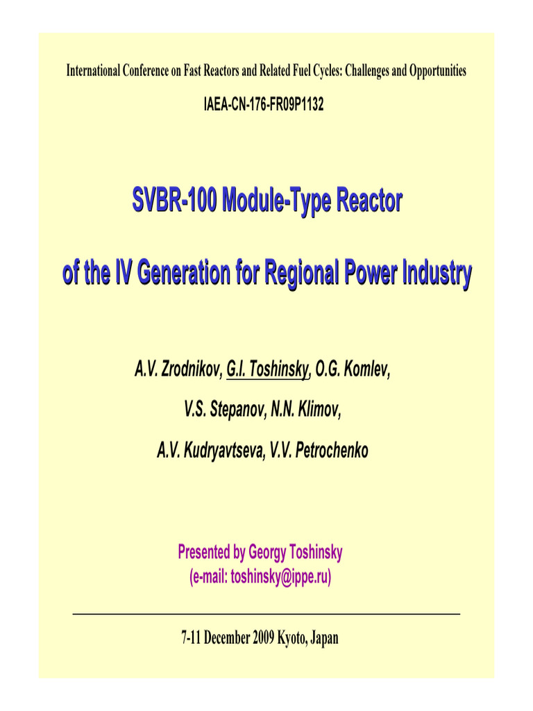 SVBR - Type Reactor of The IV Generation For Regional Power Industry ...