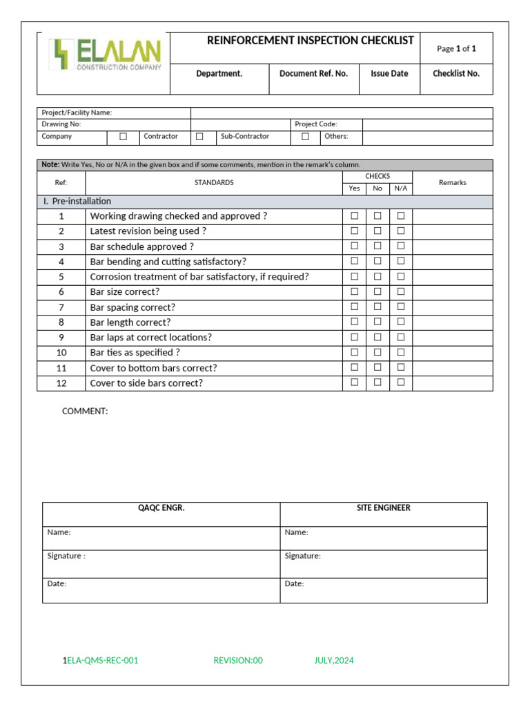 Reinforcement Inspection Checklist | PDF