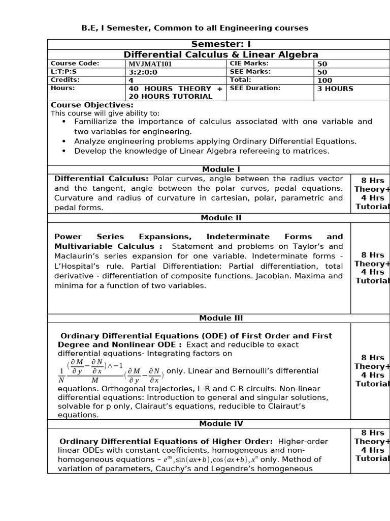 Differential Calculus & Linear Algebra Course | PDF | Equations ...