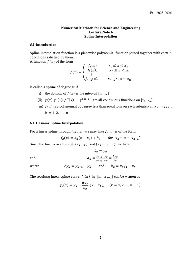CH 6 Spline Interpolation Fall 25 26 | PDF | Interpolation | Spline (Mathematics)