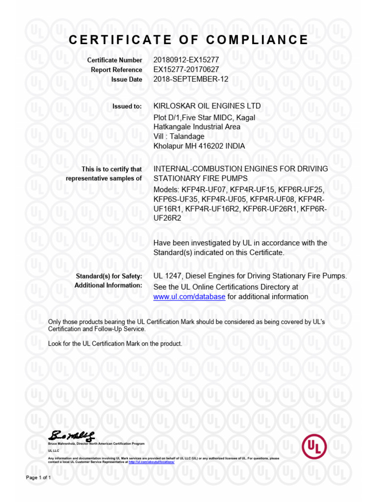UL Compliance Certificate for Kirloskar Engines | PDF