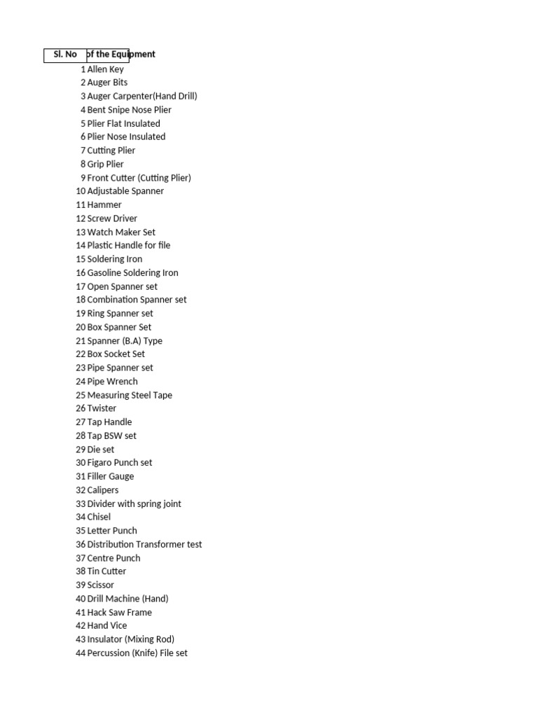 Equipment List | PDF