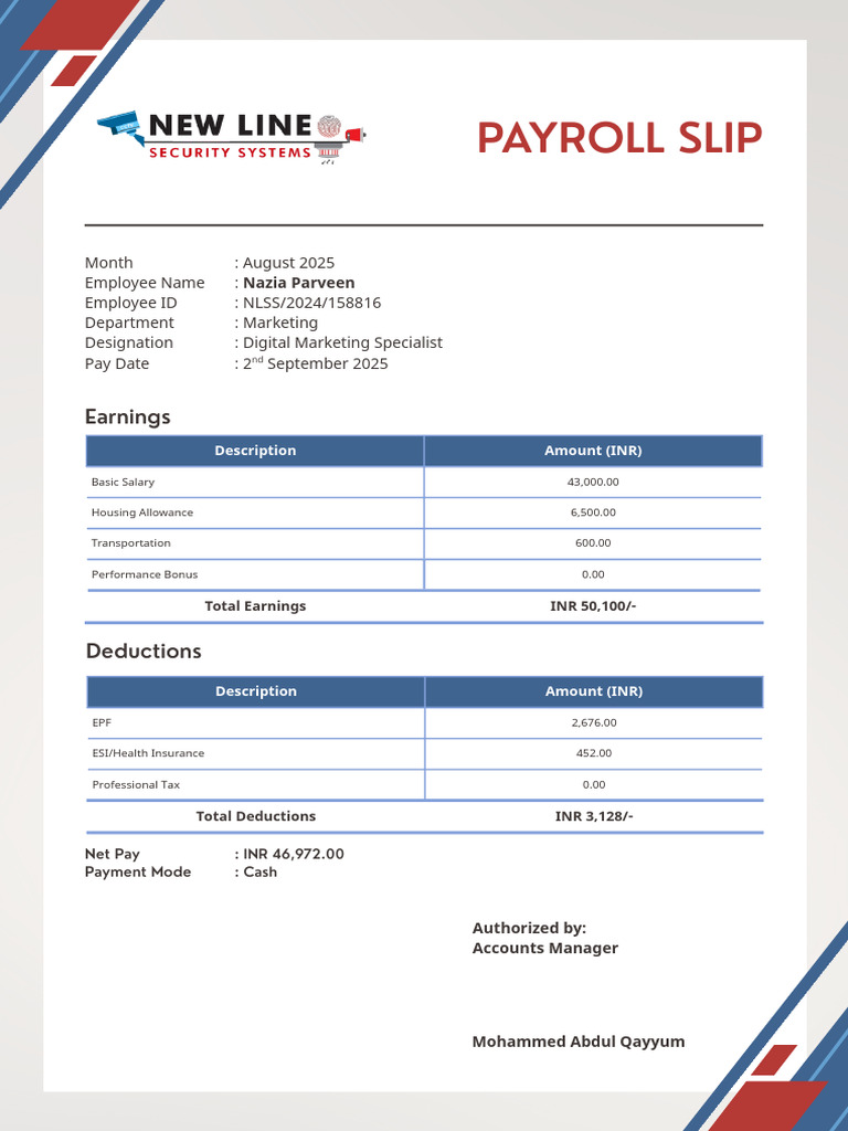 Nazia Parveen - Pay Slip - August 2025 | PDF