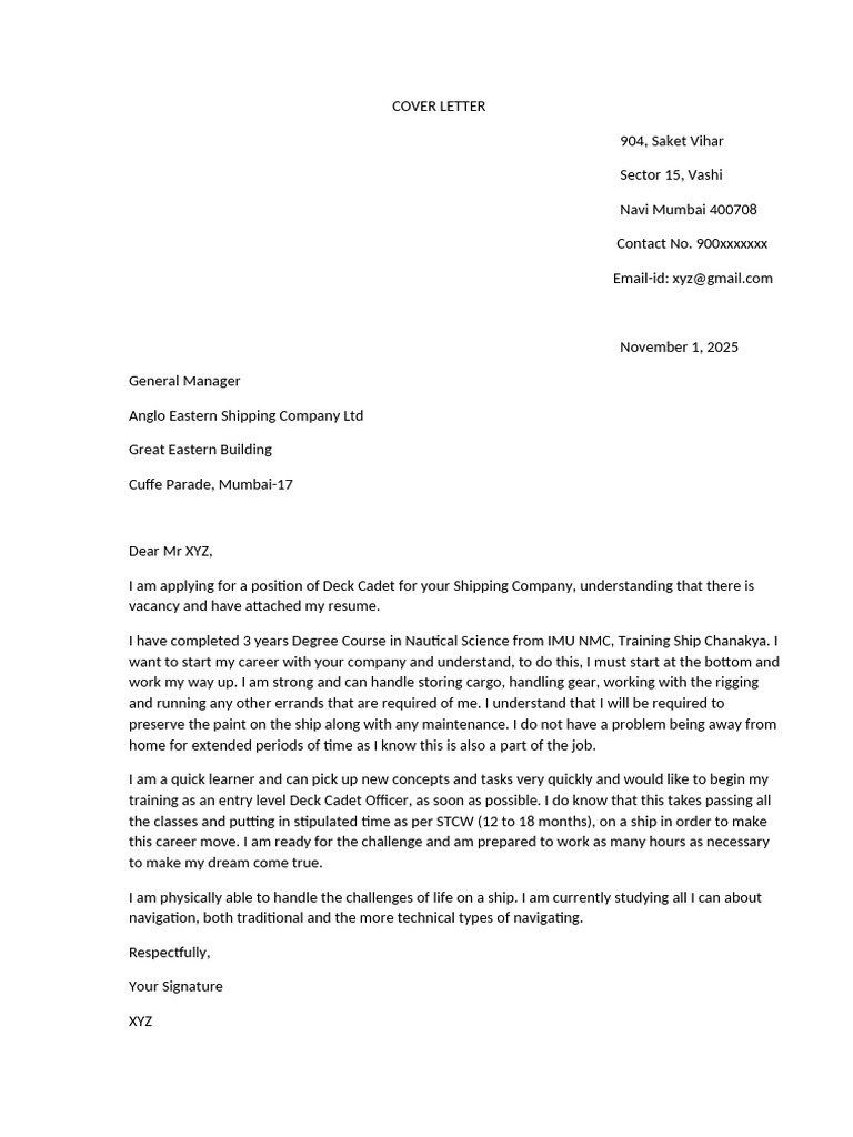 Cover Letter Resume Deck Cadet | PDF | Ships | Shipping