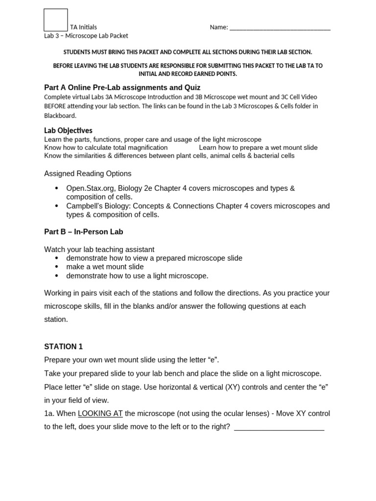 3 Microscope Lab Packet 5stations Elodea | PDF | Microscope | Equipment